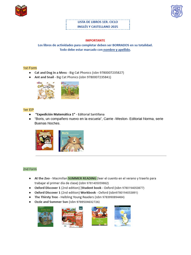 1er. Ciclo Listas de Libros 2025 | PDF