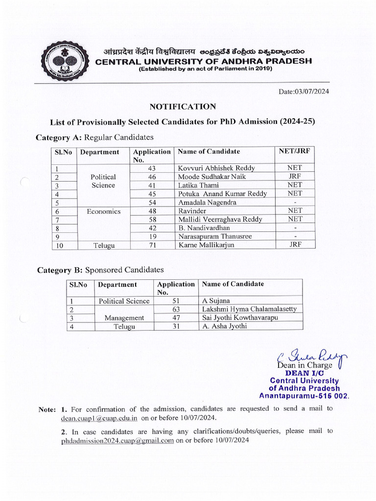 List of Provisionally Selected Candidates For PH.D Admission | PDF