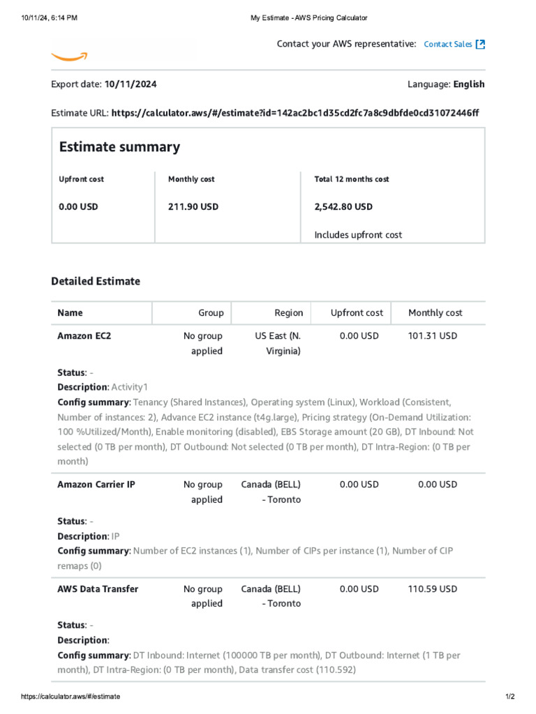 My Estimate - AWS Pricing Calculator - Activity1 | PDF