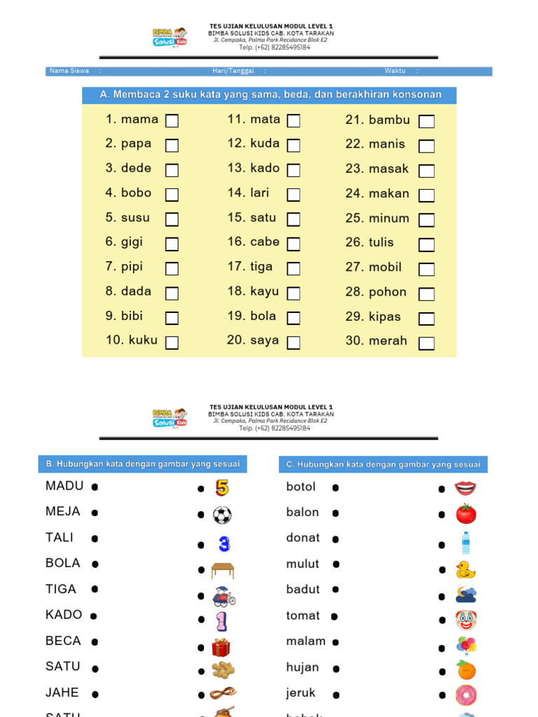 Tes Ujian Kelulusan Bimba Level 1 | PDF