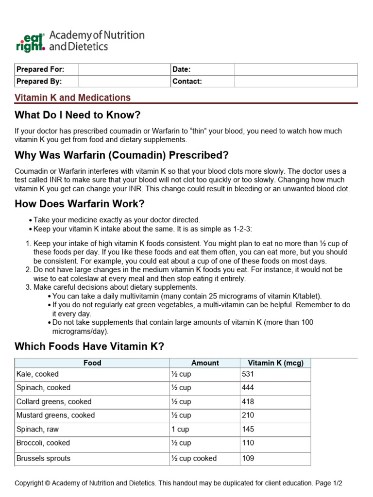 Warfarin Coumadin Patient Education Nutrition and Warfarin | PDF | Vitamin