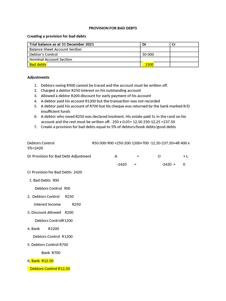 PROVISION For BAD DEBTS Sample Exercise Answers | PDF | Bad Debt | Debt