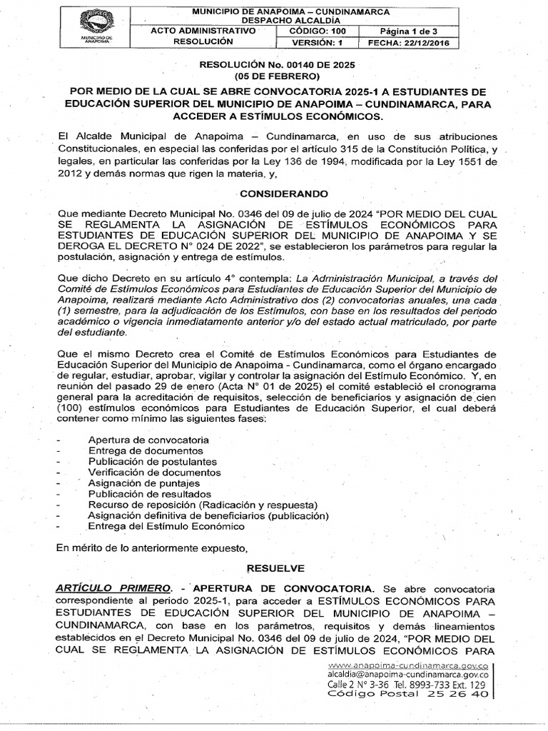 Res. Conv. #0140 de 2025 Apertura 2025-1 | PDF