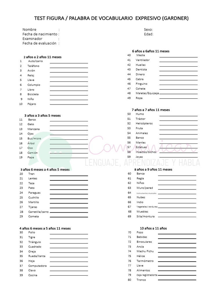 Comparto 'Hoja de Anotación - Test Figura Palabra de Vocabulario ...