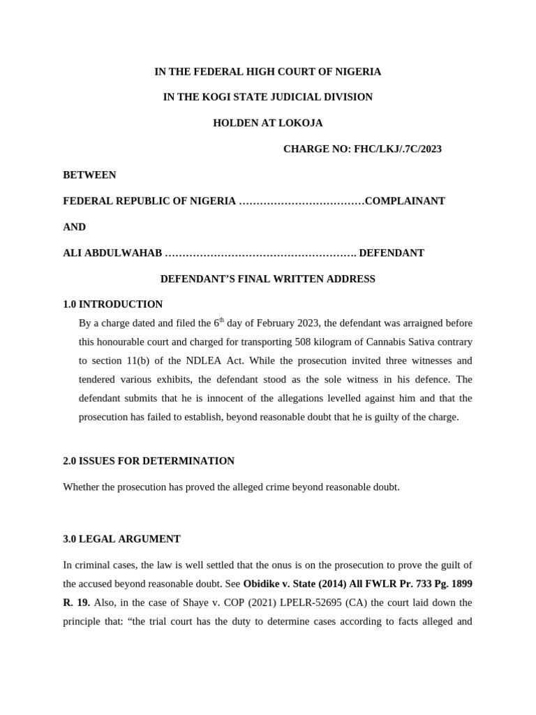 Defence Final Address - Ali Abdulwahab - 085549 | PDF | Reasonable ...