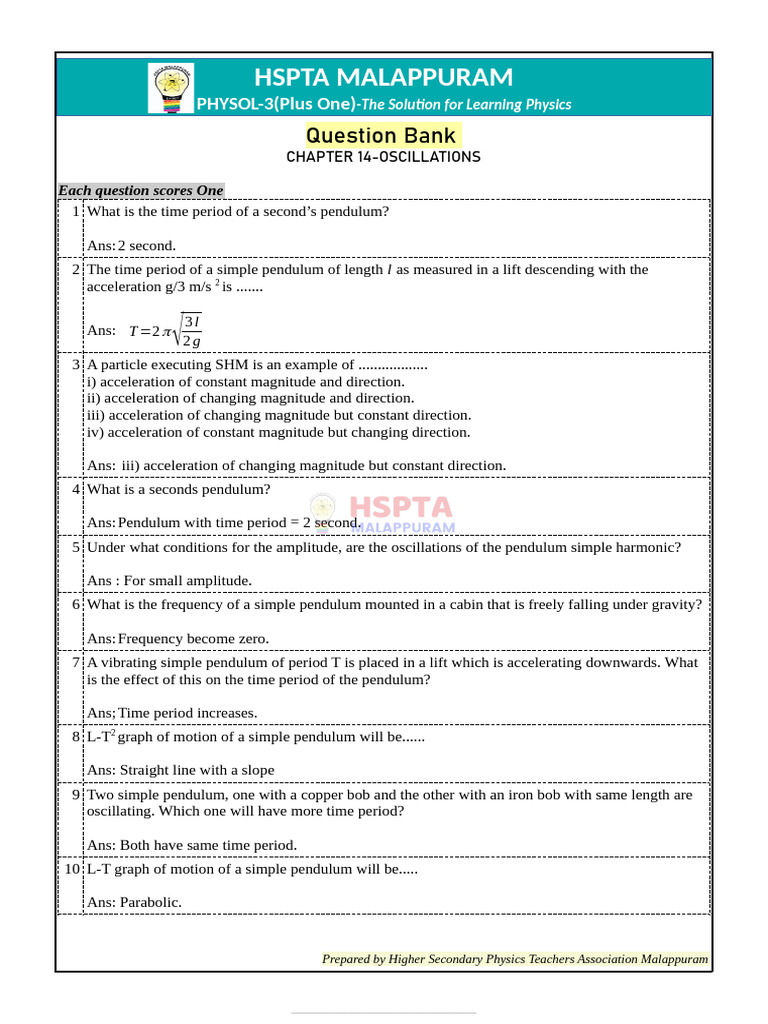 Hspta - CH 14 Question Bank-2022-Hssreporter | PDF | Pendulum | Oscillation