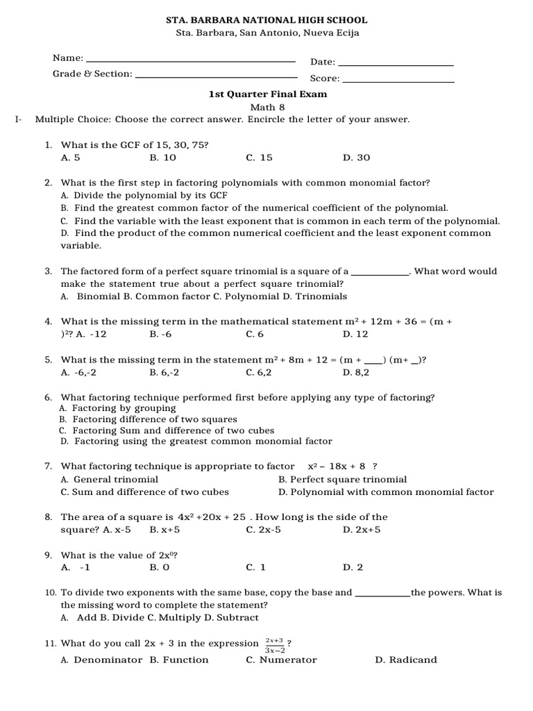 Math 8 1st Quarter Final Exam With Tos and Answer Key | PDF | Factorization | Polynomial