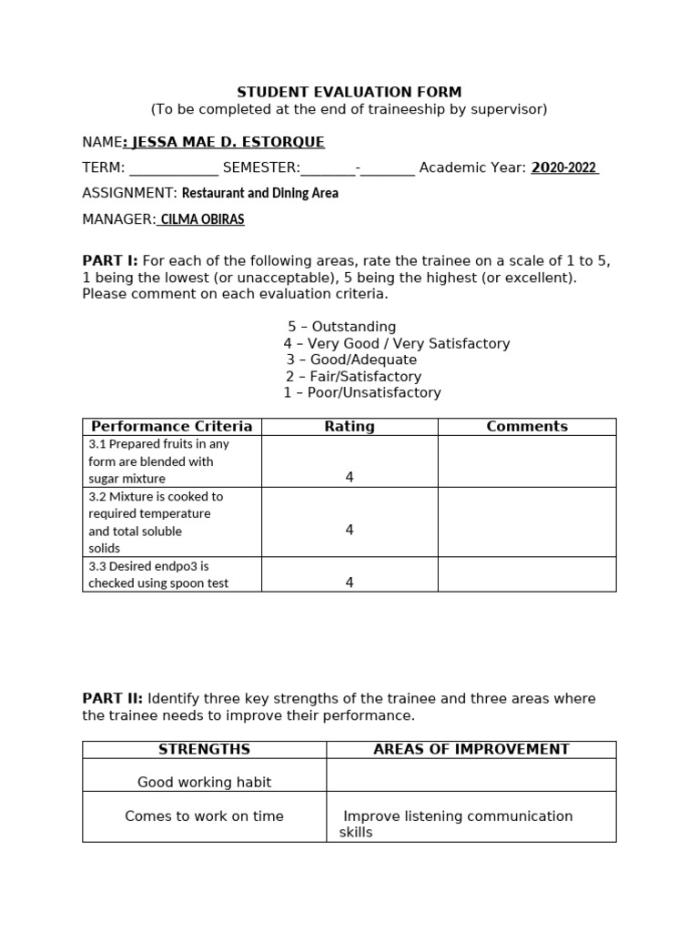 Estorque Student Evaluation Form | PDF