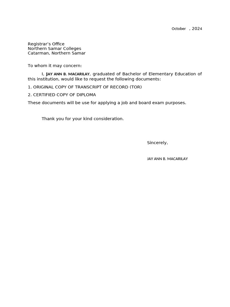 Request for TOR and Diploma Copies | PDF