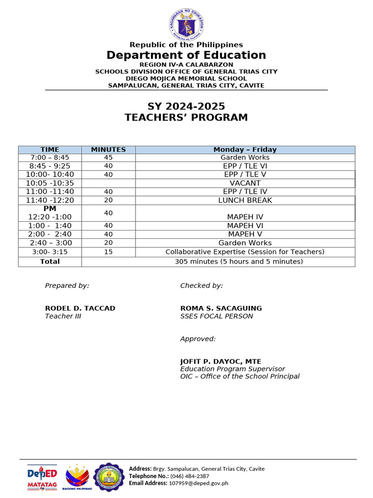 SSES Program Schedule at Diego Mojica School | PDF