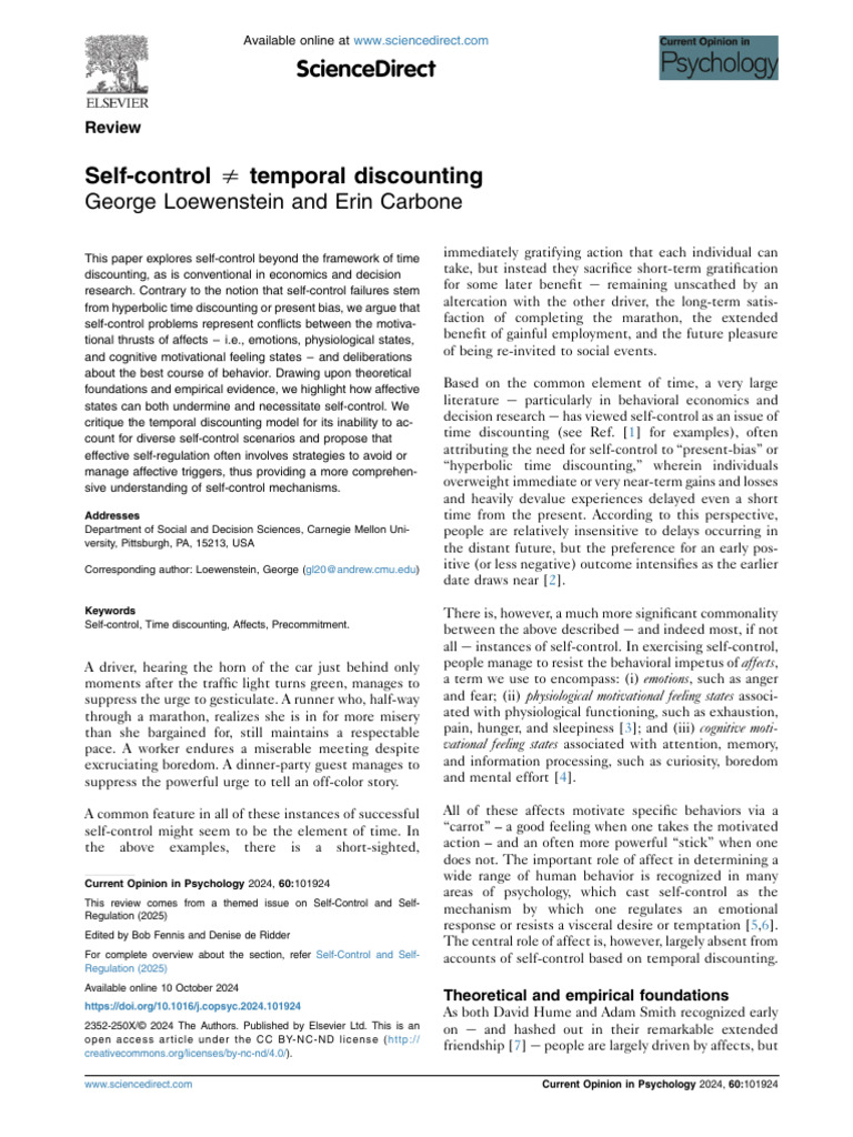 Self-Control Does Not Equal Temporal Discounting Published | PDF | Self ...