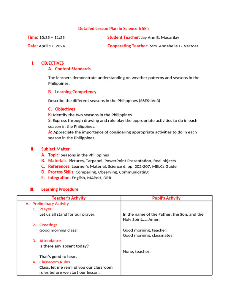 Lesson Plan on Philippine Seasons | PDF | Monsoon | Wet Season