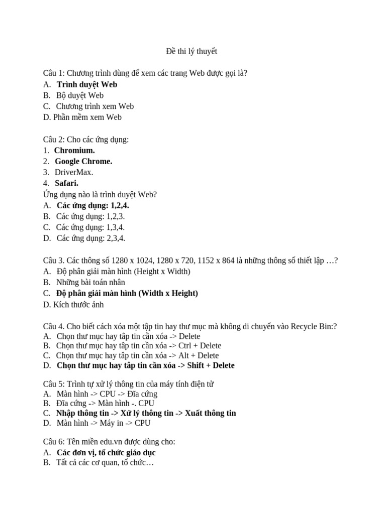 90 Cau Hoi Trac Nghiem Tin Hoc Co Ban Khong Co Dap An | PDF