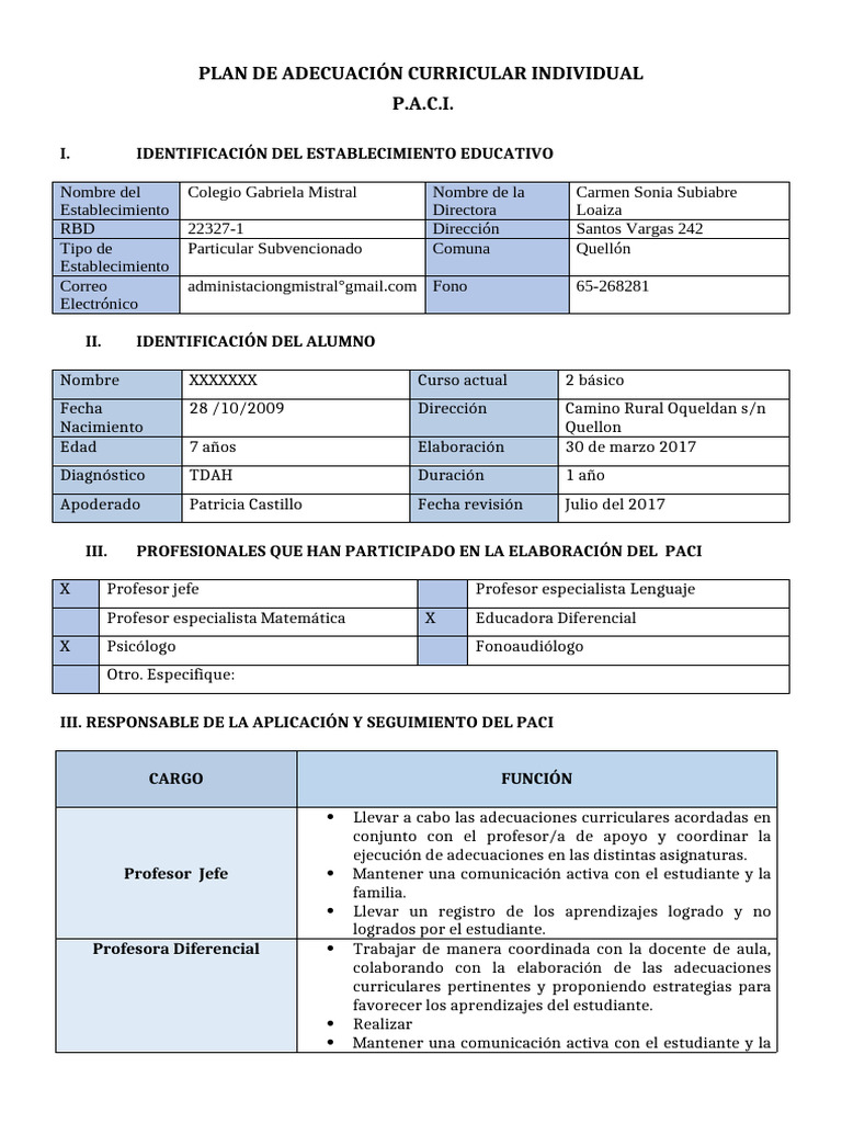 Ejemplo de Plan de Adecuacion Curricular Individual | PDF | Maestros | Salón de clases