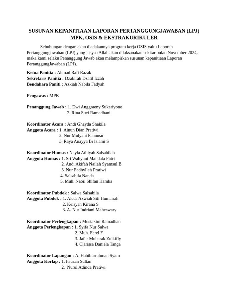 SUSUNAN KEPANITIAAN LAPORAN PERTANGGUNGJAWABAN (LPJ) | PDF