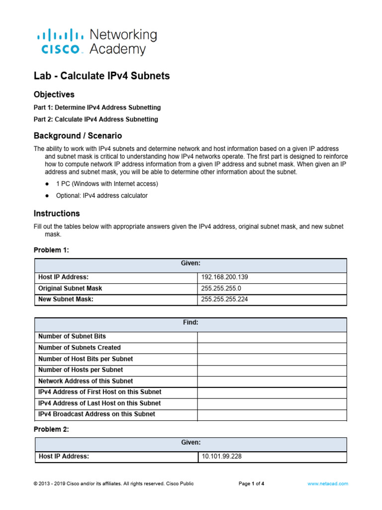 Calculate IPv4 Subnets Lab Guide | PDF | Ip Address | Communications Protocols