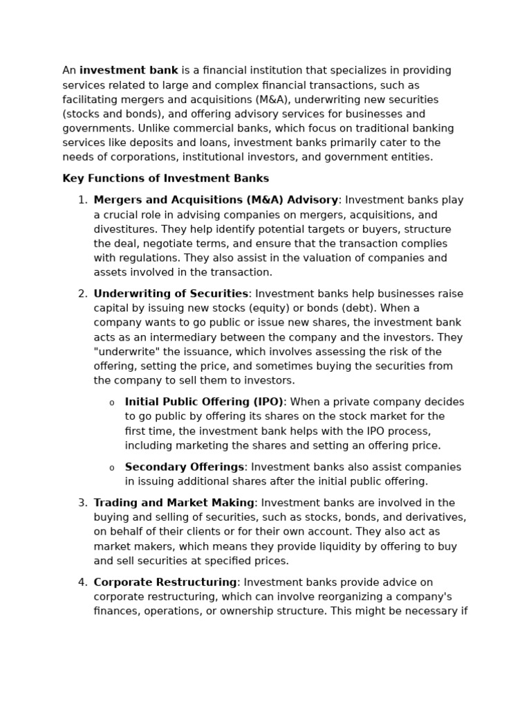 Understanding Investment Banks' Roles | PDF | Investment Banking ...