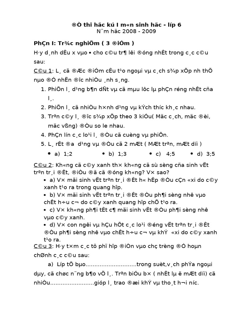 Sinh Học 6 - Đề Kiểm Tra Lần 101 | PDF
