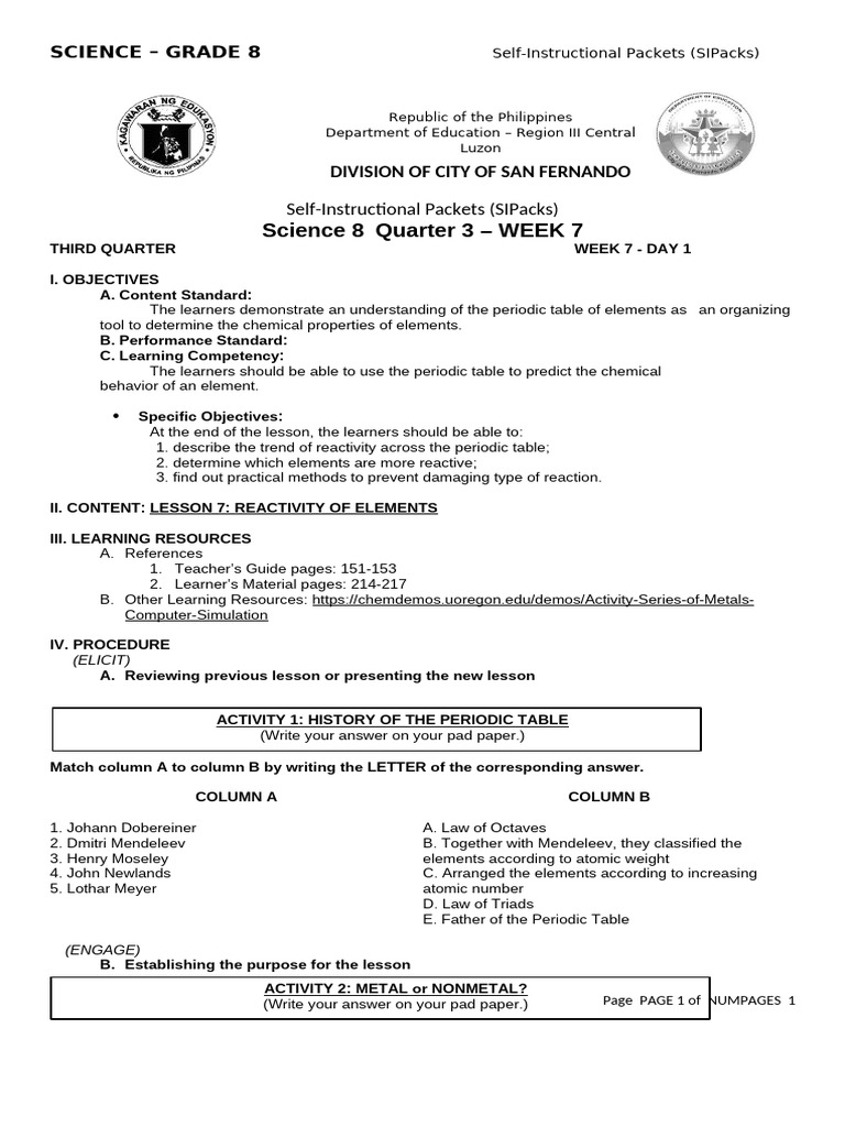 Edited Science 8 Q3 Week 7 | PDF | Chemical Substances | Periodic Table