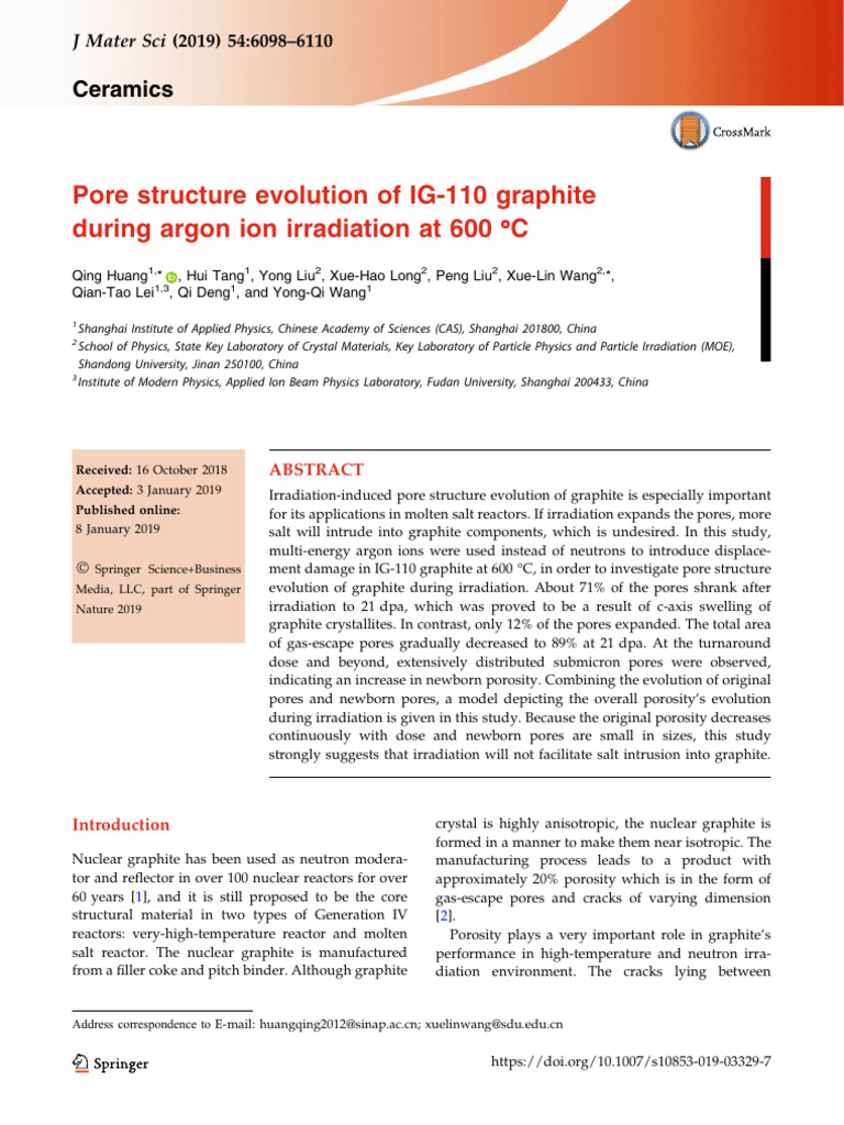 Pore Structure Evolution of IG-110 Graphite During Argon Ion ...