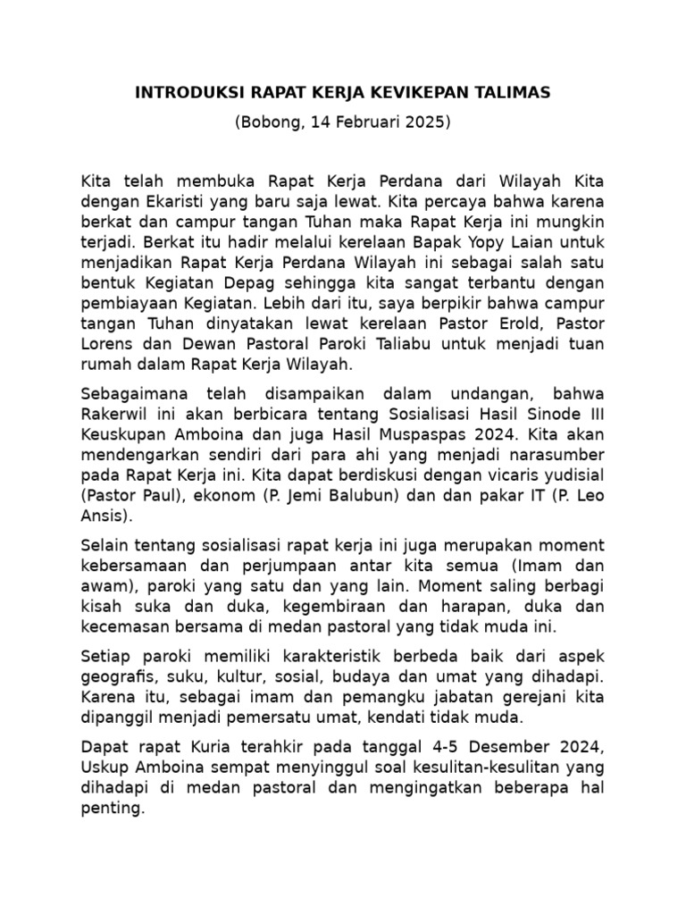Rapat Kerja Perdana Kevikepan Talimas | PDF
