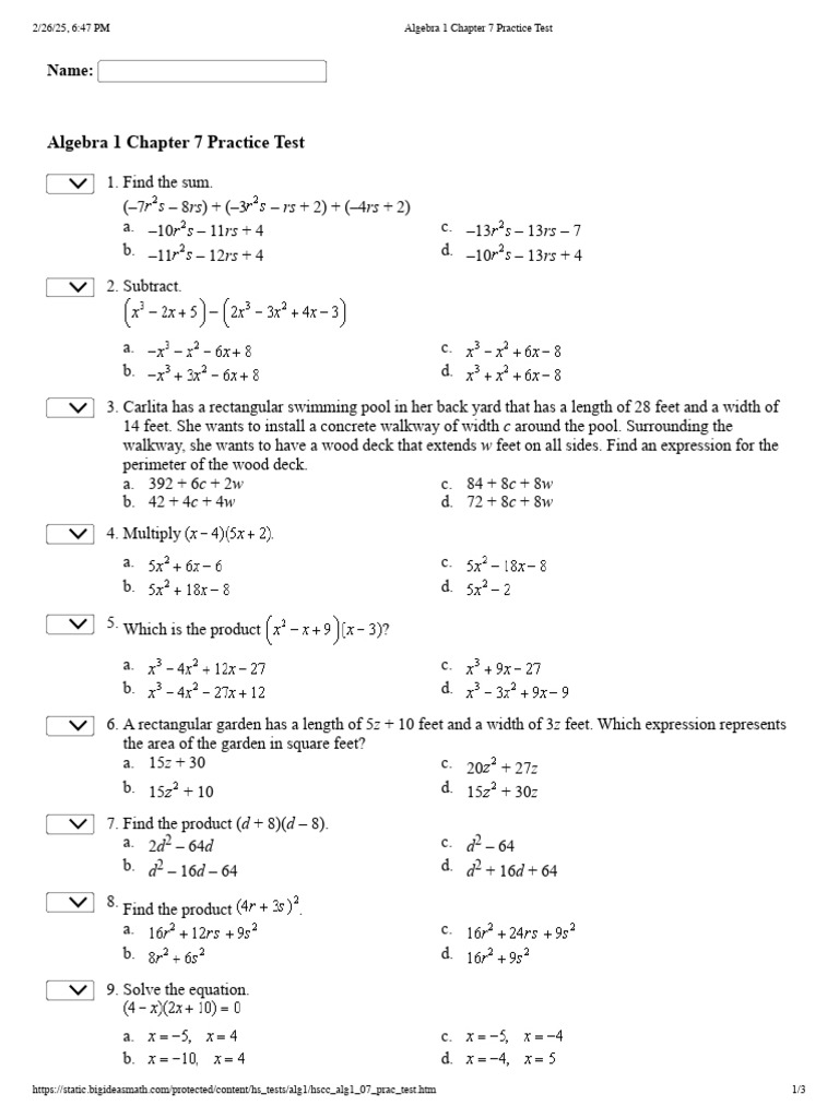 Algebra 1 Chapter 7 Practice Test | PDF | Factorization | Algebra