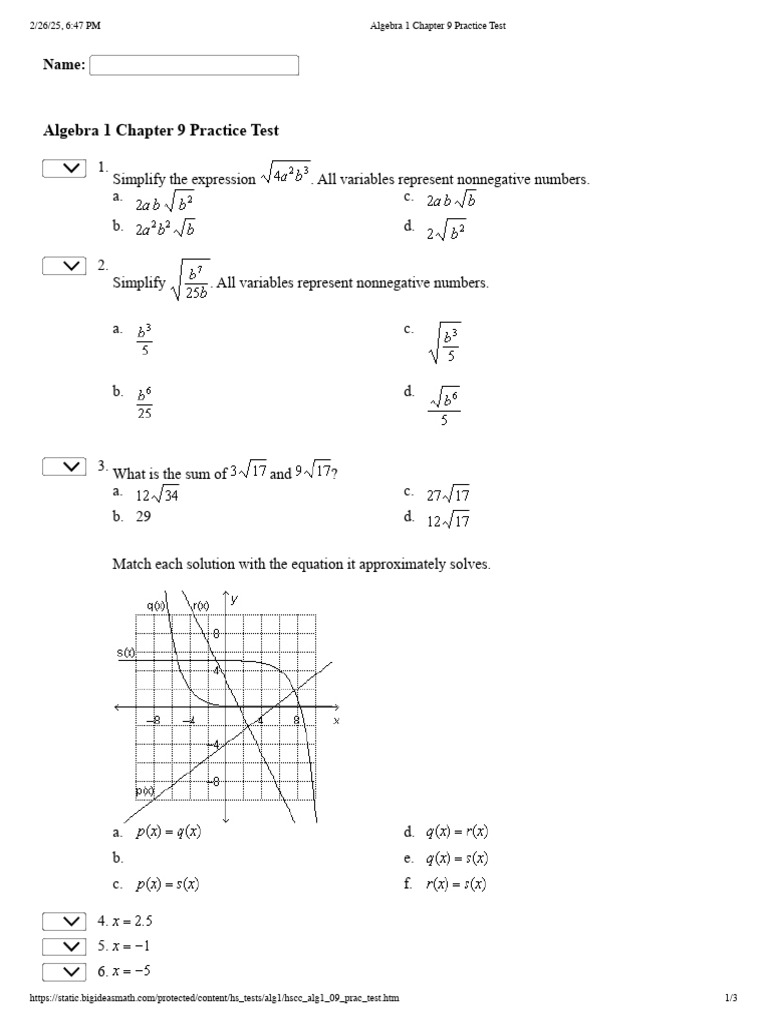 Algebra 1 Chapter 9 Practice Test | PDF | Algebra | Equations