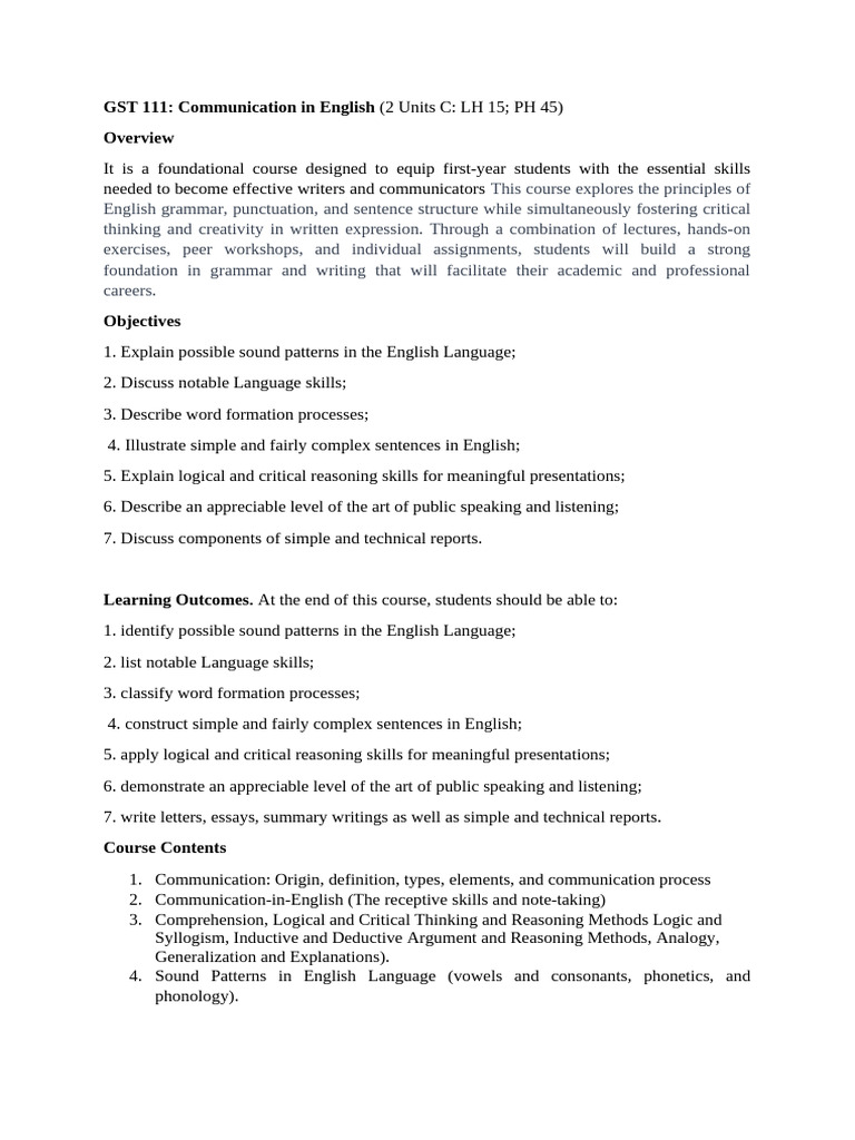 GST 111 Course Outline New | PDF | English Language | Word