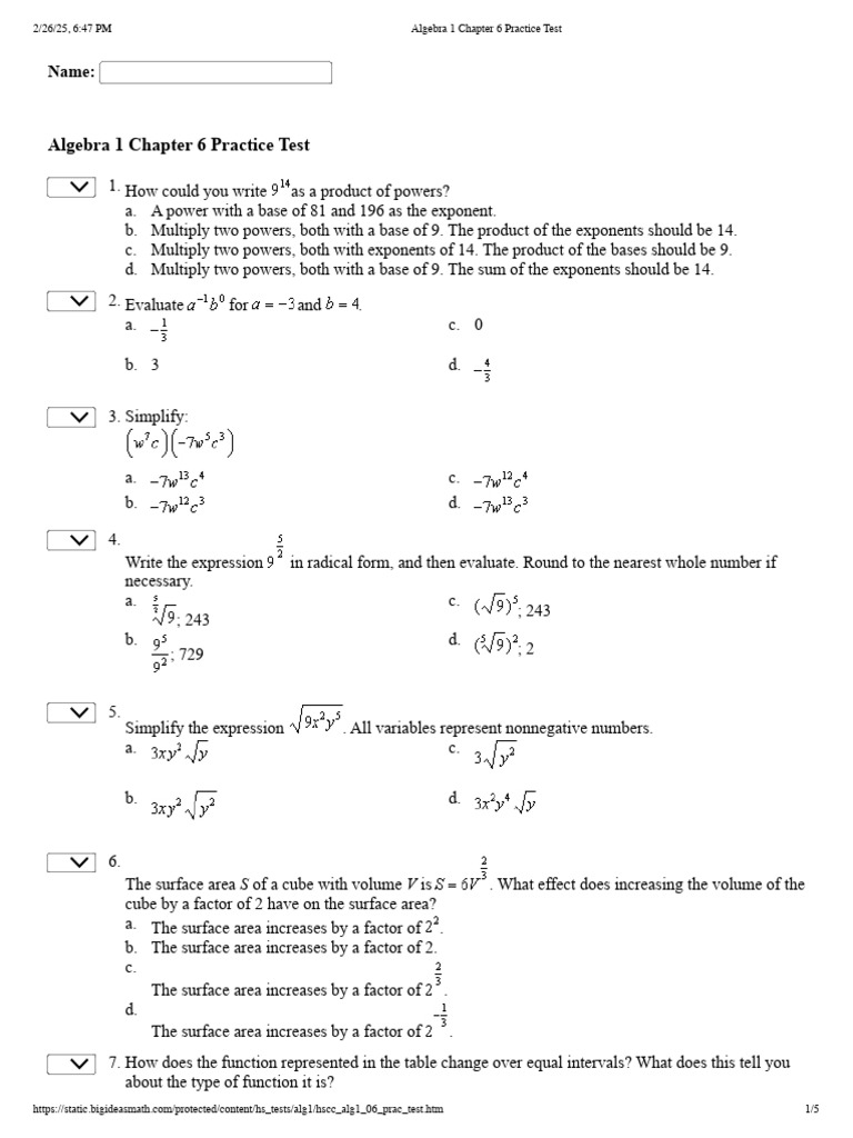 Algebra 1 Chapter 6 Practice Test | PDF | Function (Mathematics ...