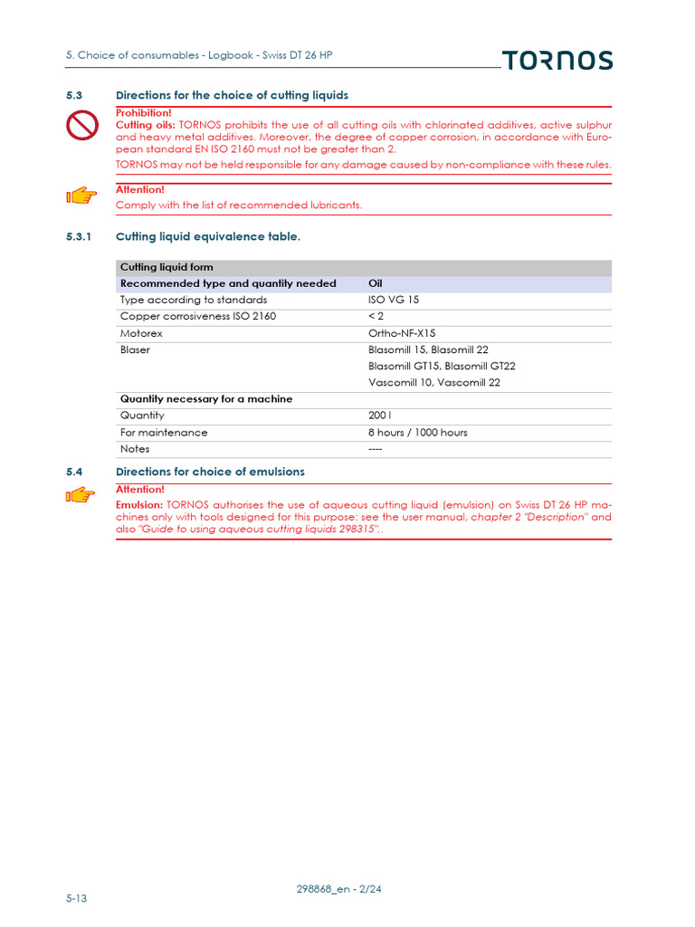 Recommended Blaser in TORNOS Manual (E) | PDF