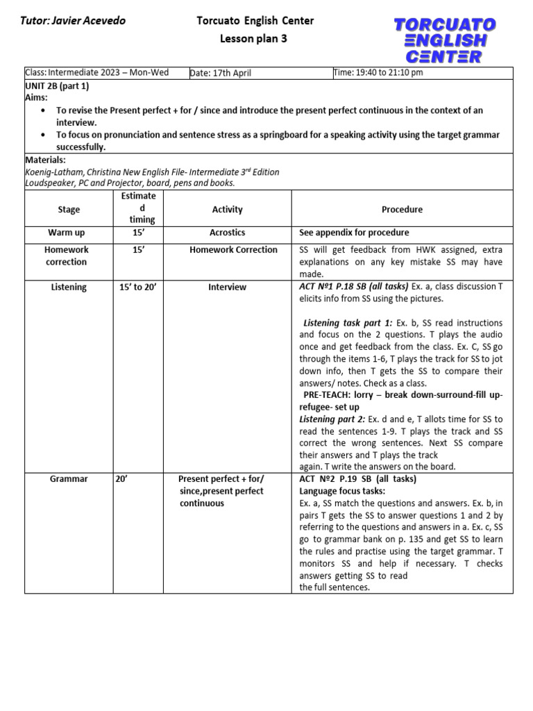 Intermediate English Lesson Plans 2B | PDF | Stress (Linguistics ...