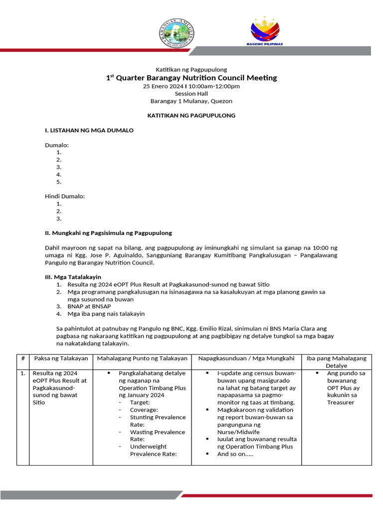 BNC Minutes of Meeting Quarter | PDF