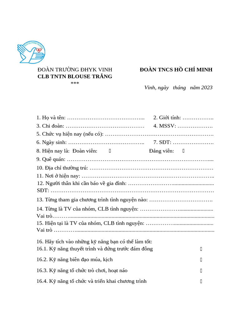 Đơn Đăng Ký Tuyển TNV K12 CLB TNTN Blouse Trắng 1 | PDF