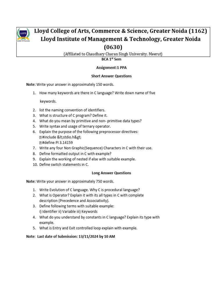 Assignment PPA BCA 1st Sem | PDF