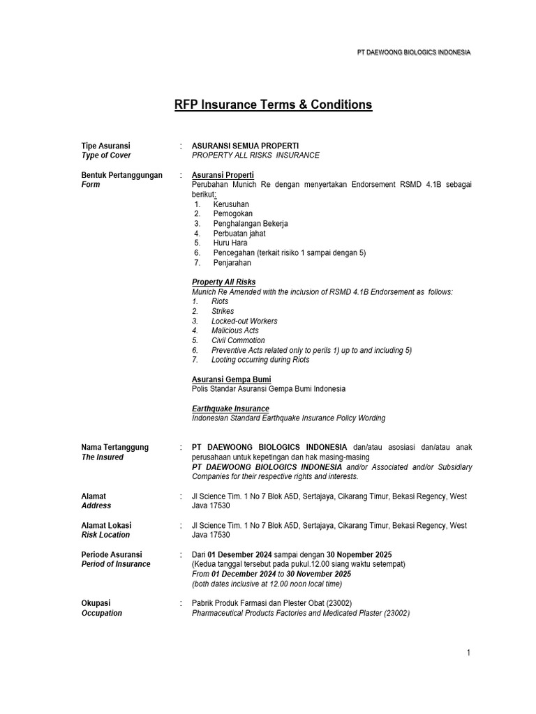 RFP Asuransi PT DAEWOONG 2024-2025 | PDF