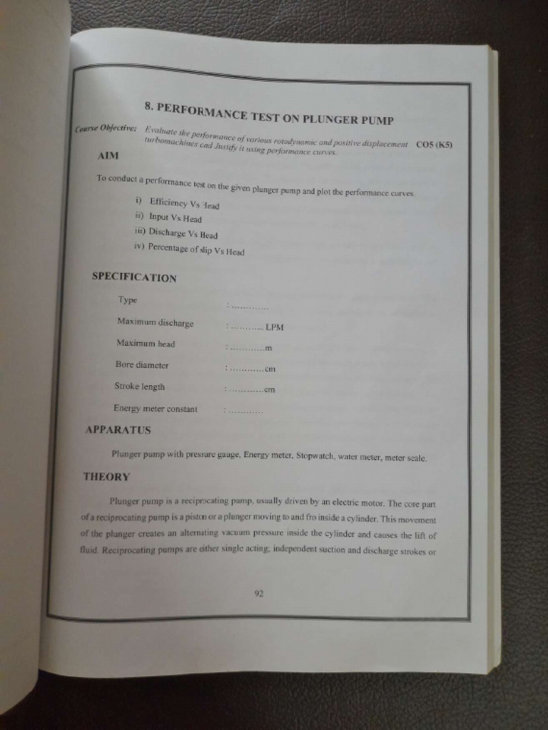 Performance Test On Plunger Pump | PDF