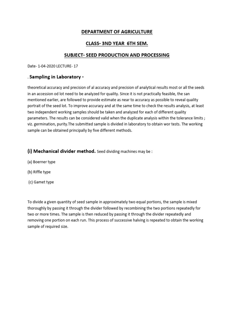 BSC 3year Seed Production and Processing 01 04 2020 | PDF | Sampling ...
