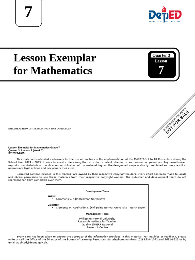 Q3 - LE - Mathematics 7 - Lesson 7 - Week 7 | PDF | Learning | Mathematics