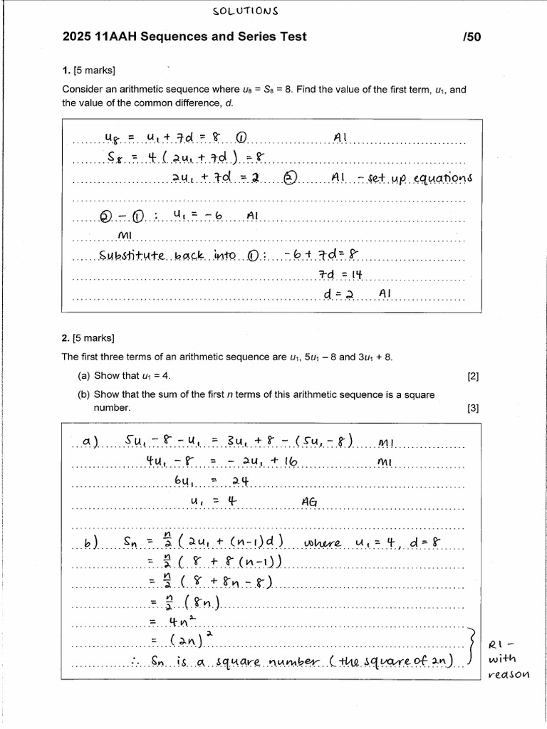 2025 - 11AAH - Sequences Test Mark Scheme | PDF | Mathematical Analysis ...