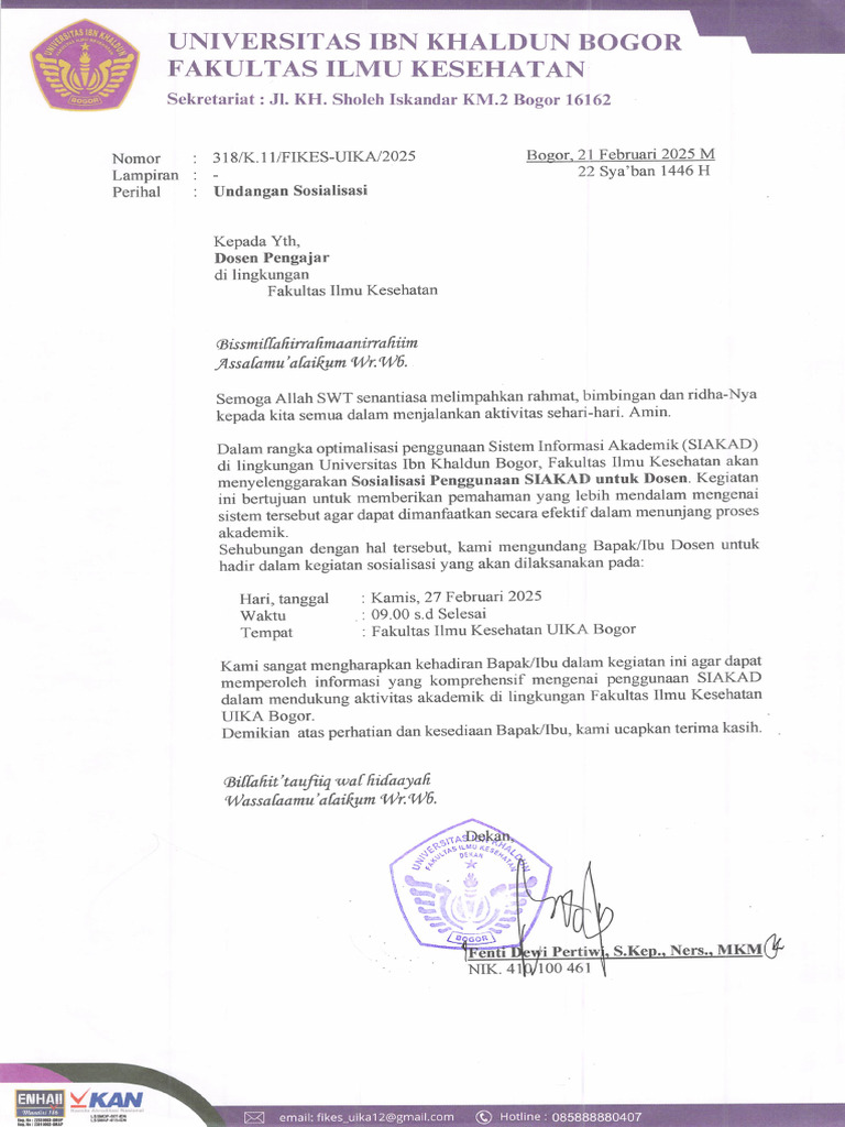 318.K11.FIKES - UIKA.2025 (Undangan Sosialisasi SIAKAD) | PDF