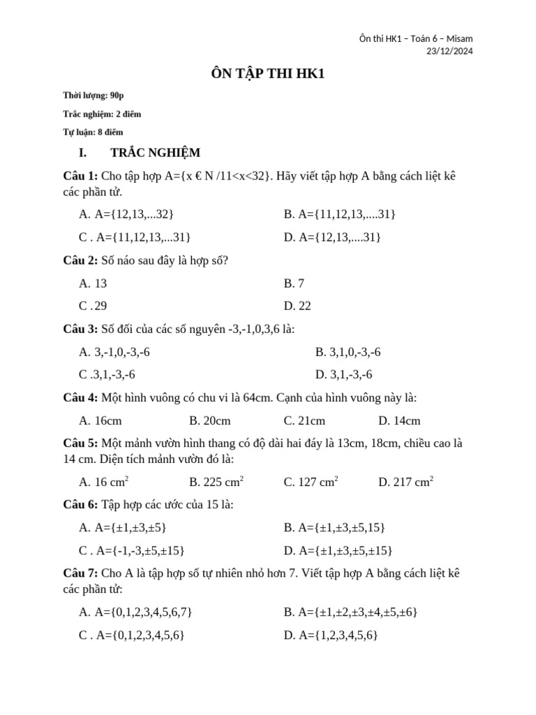 Ôn Tập Thi Hk1: I. Trắc Nghiệm Câu 1 | PDF