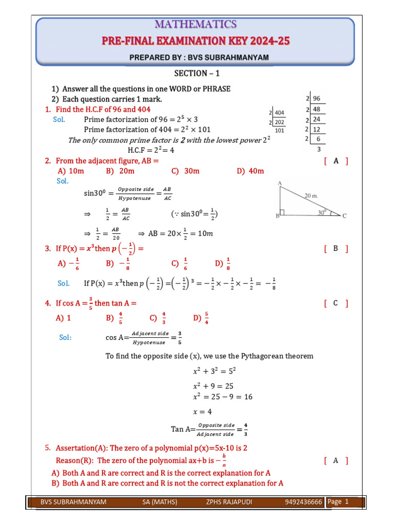 Bvs 10th Pre - Final Maths Key | PDF | Circle | Quadratic Equation