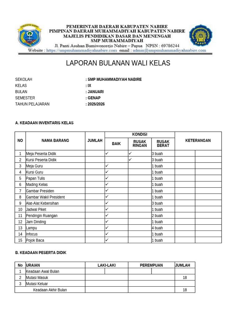 Format Laporan Tugas Wali Kelas | PDF