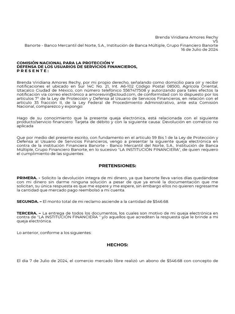 Formato Condusef Queja | PDF | Bancos | Dinero