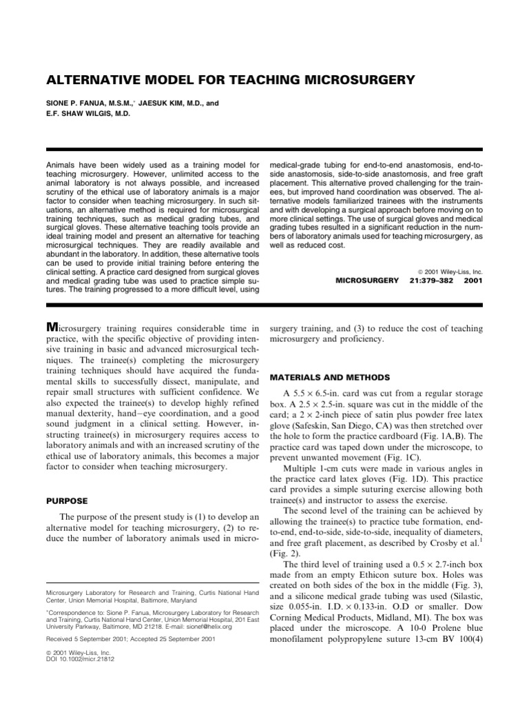Microsurgery - 2001 - Fanua - Alternative Model For Teaching ...