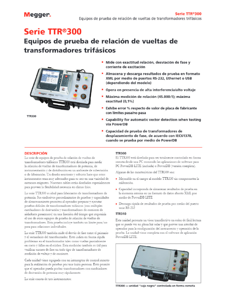 Ficha Técnica Probador de Relación de Transformación Megger TTR330 ...