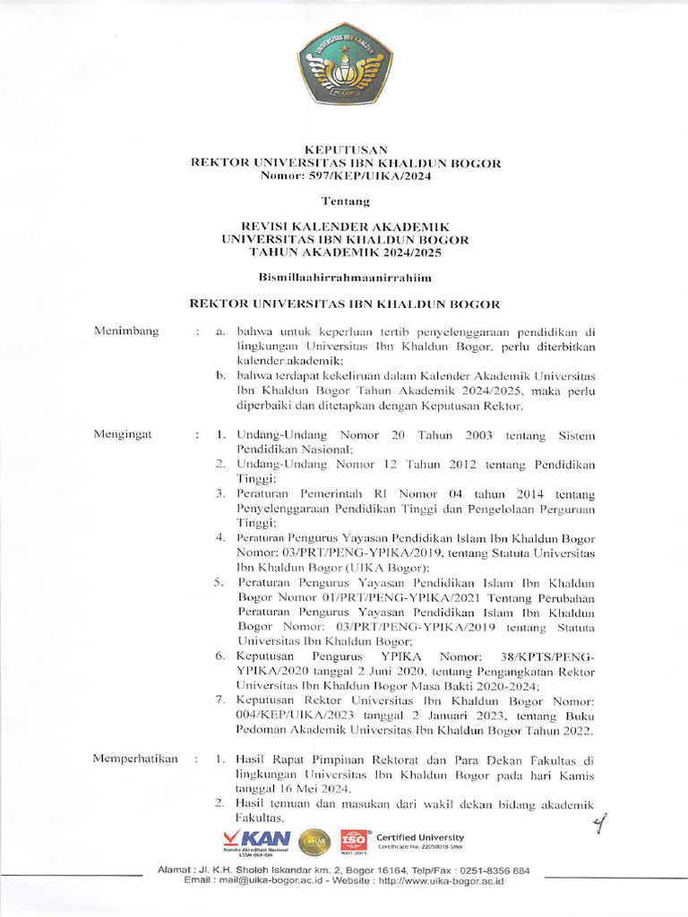 597 Revisi Kalender Akademik Uika 2024.2025 | PDF