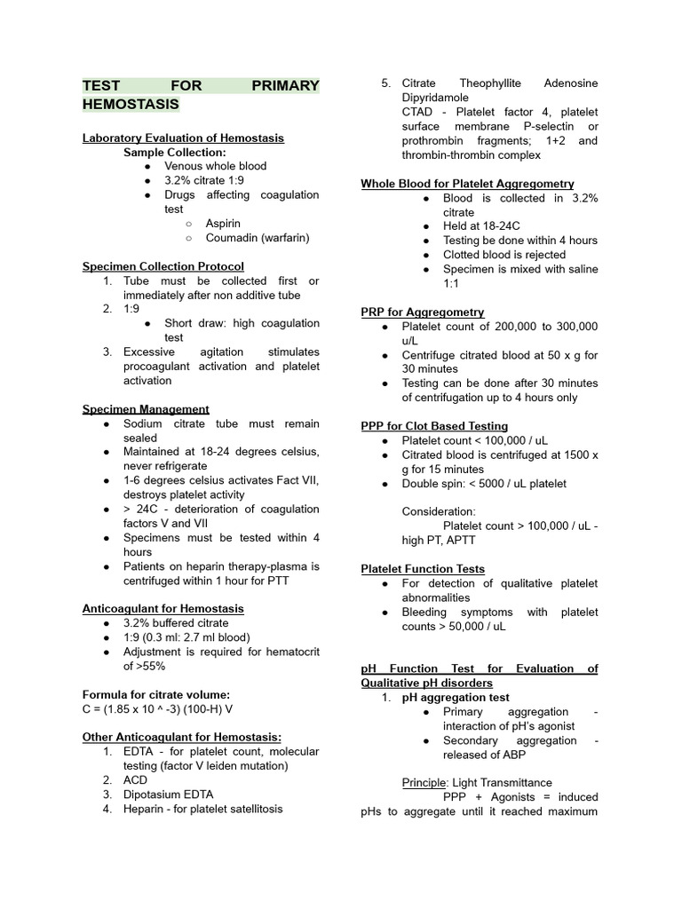 Primary Hemostasis Testing Protocols | PDF | Platelet | Coagulation
