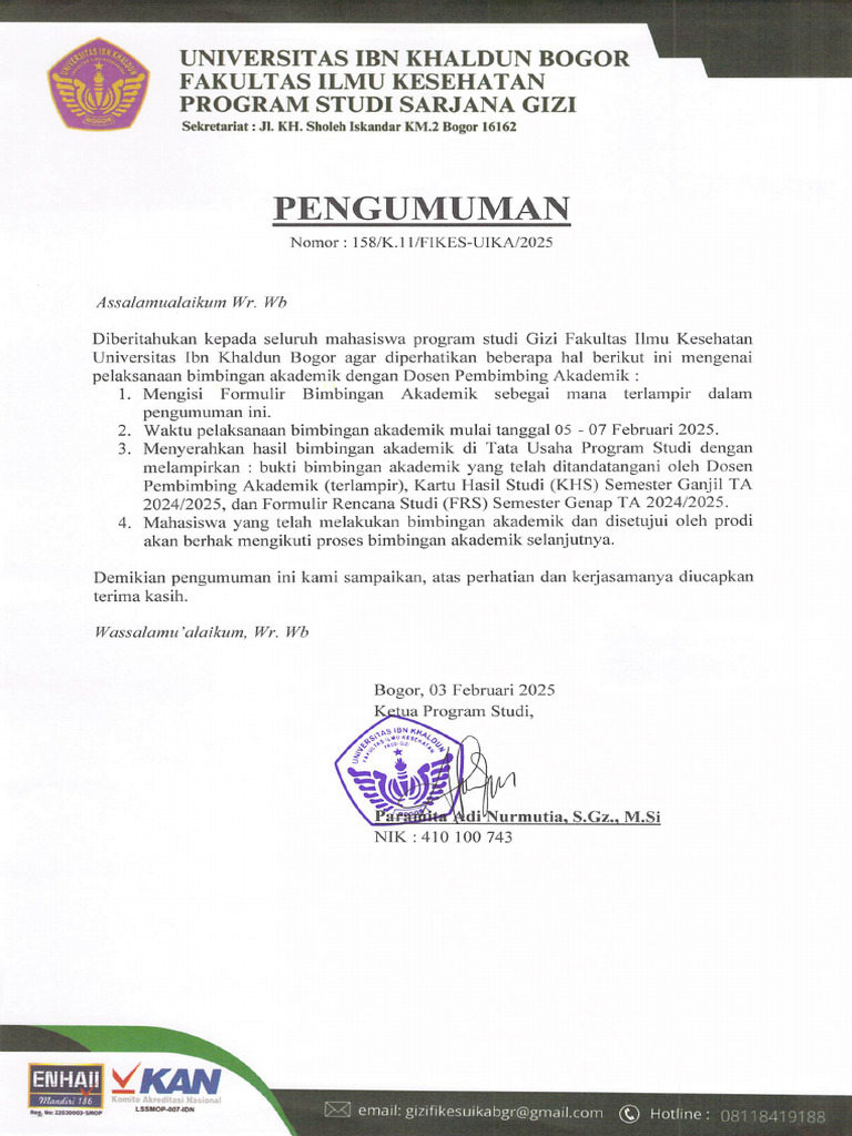 156.K11.FIKES.UIKA.2024 Pengumuman Bimbingan Akademik Genap 1 TA 2024 ...