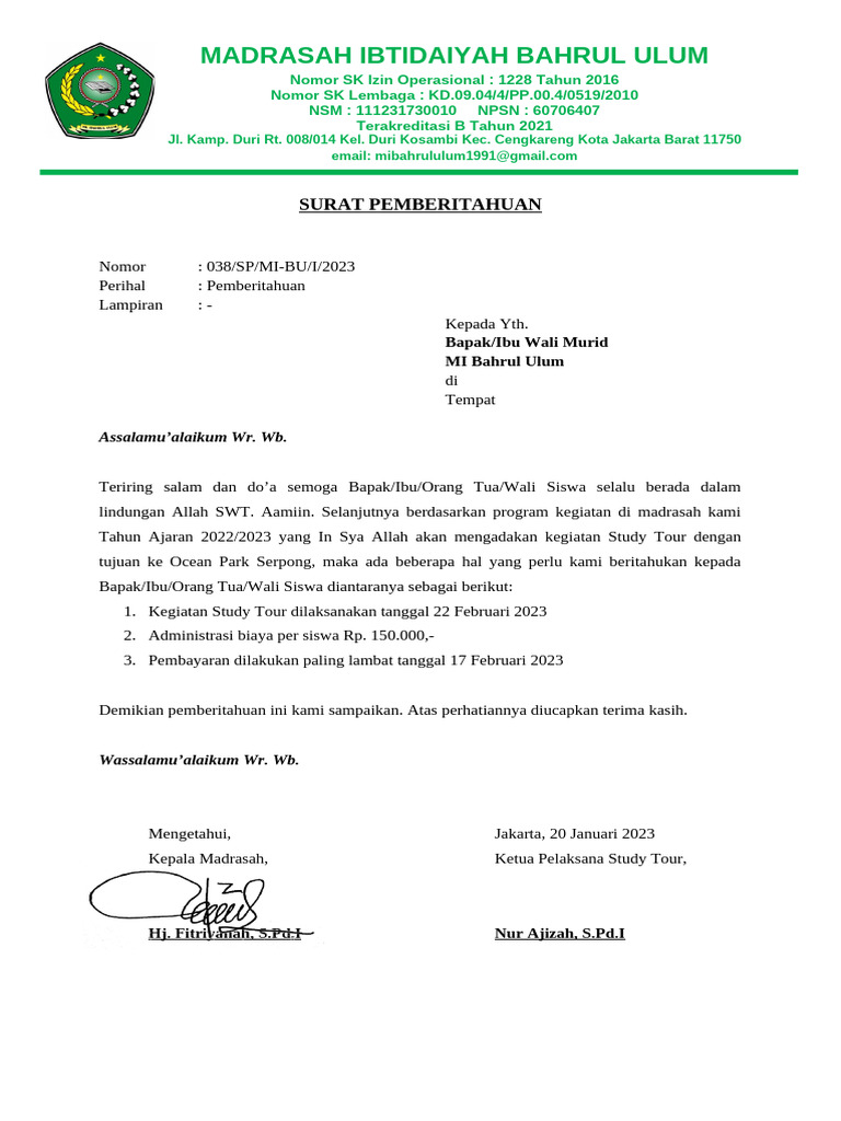 SURAT PEMBERITAHUAN STUDY TOUR | PDF